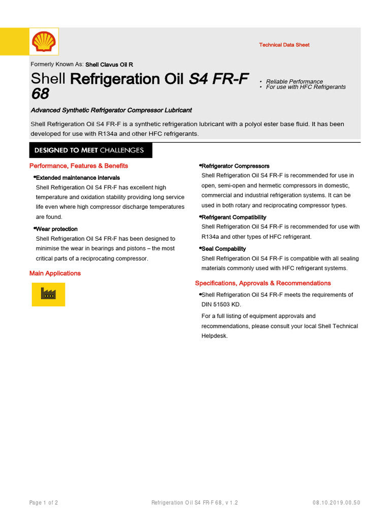 Shell Refrigration Oil s4 FR - f68 | PDF | Mechanical Engineering