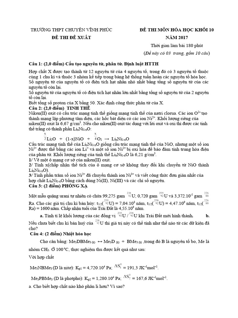 Chuyên Vĩnh Phúc - Hóa 10 - Đề thi đề xuất DHBB 2017 | PDF