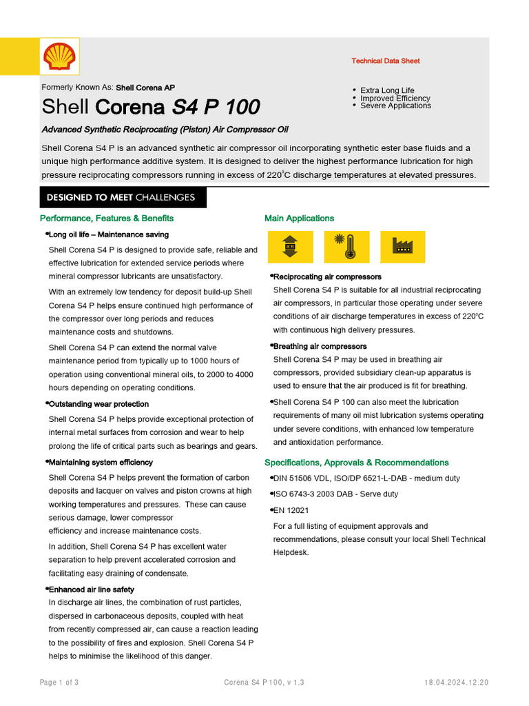 Corena S4 P 100 (Shell) | PDF | Lubricant | Mechanical Engineering