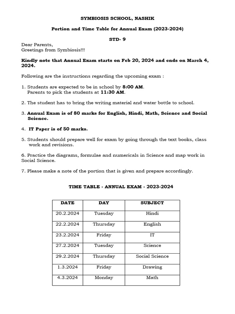Symbiosis School Std 9 Exam Timetable 2024 | PDF