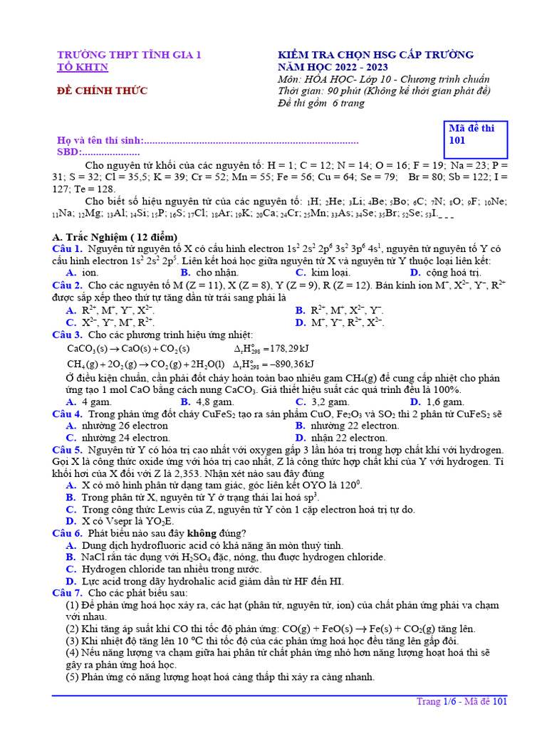 HSG 10 Thanh Hóa 2023 (Tĩnh Gia 1) | PDF