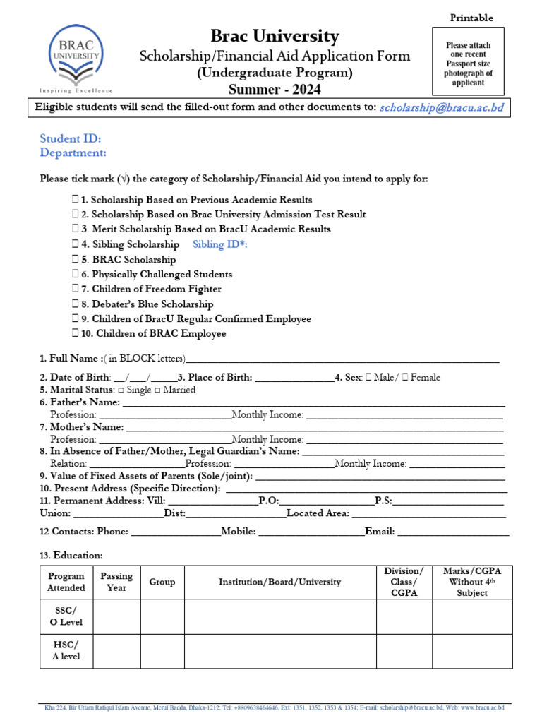 Brac University Scholarship Application 2024 | PDF | Student Financial ...