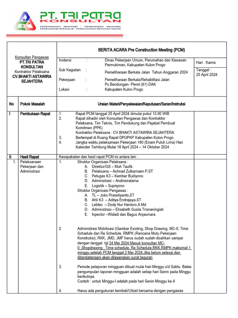 Ba PCM Bendungan - Tahun 2024 - TPK | PDF