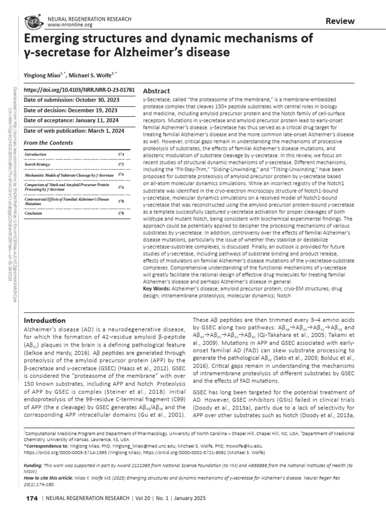Emerging structures and dynamic mechanisms of γ-secretase for Alzheimer's disease | PDF ...
