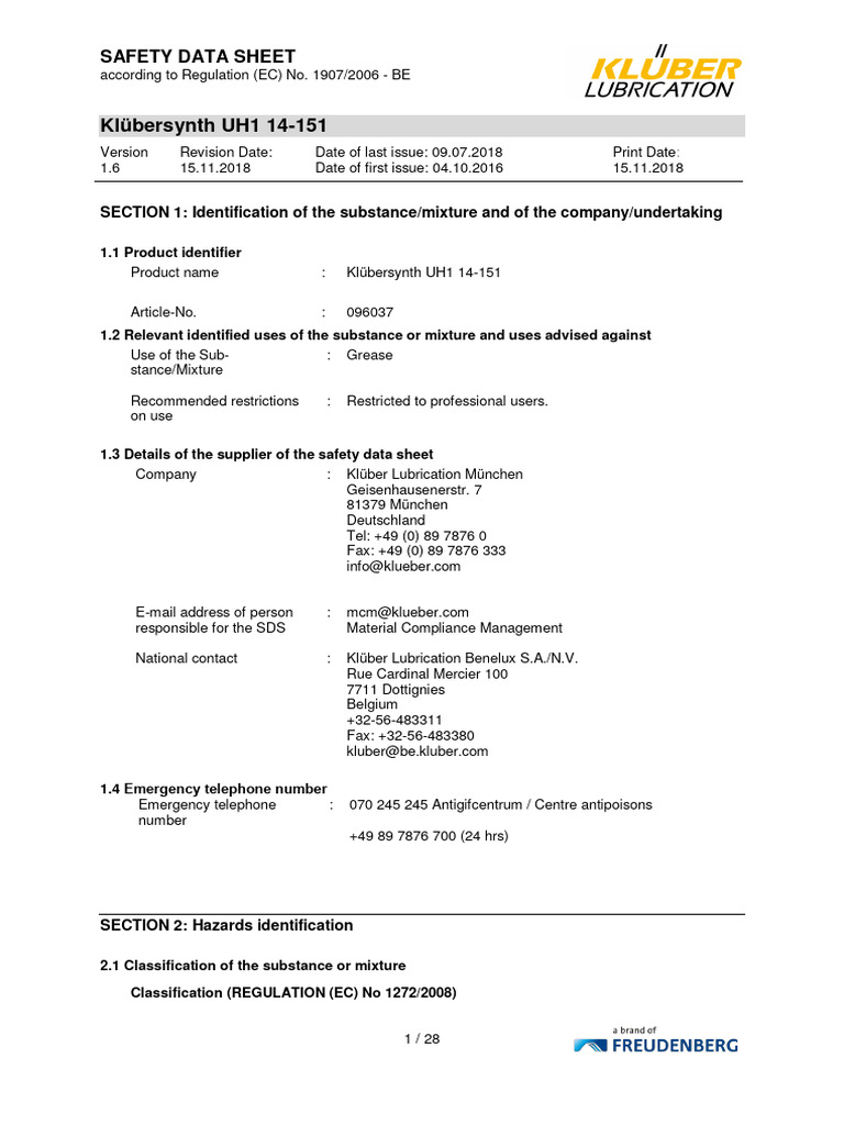 Klubersynth UH1 14-151 MSDS | PDF | Toxicity | Toxicology