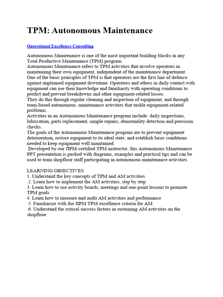 TPM: Autonomous Maintenance: Operational Excellence Consulting | PDF