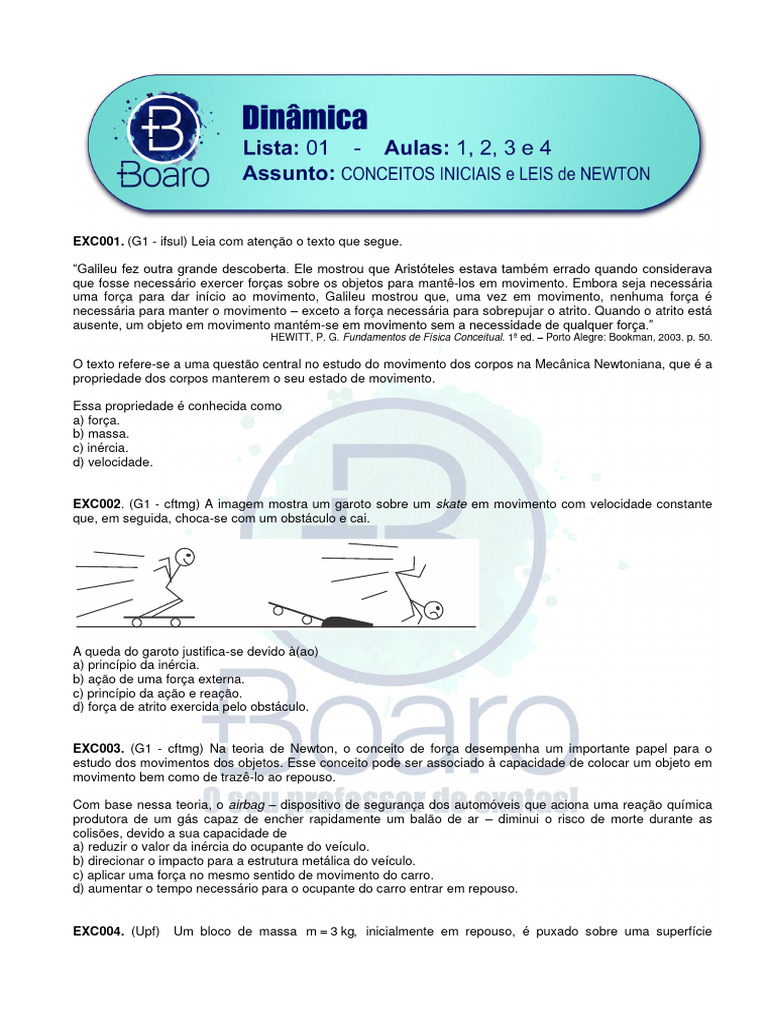 DINÂMICA - LISTA 1 - A1-Conceitos Iniciais - A2, 3 e 4 - LEIS de NEWTON - Plataforma FINAL | PDF ...