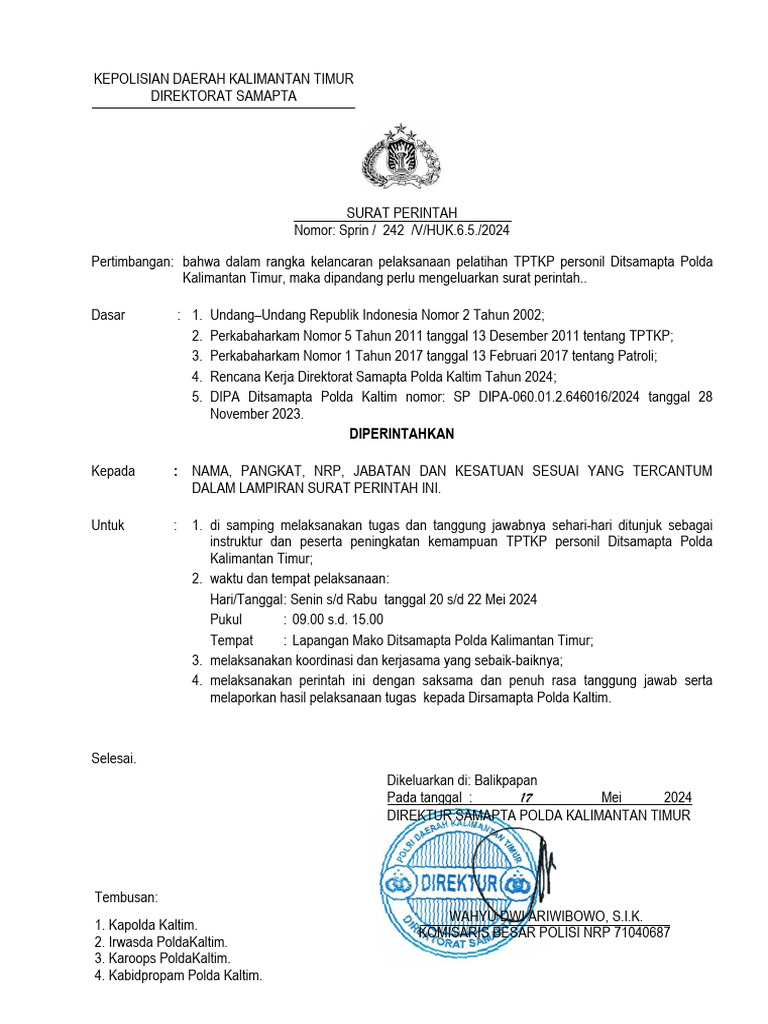 Pelatihan TPTKP Ditsamapta Kaltim Mei 2024 | PDF