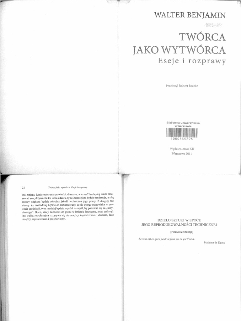 Benjamin Dzieło Sztuki W Dobie Jego Technicznej Reprodukcji | PDF