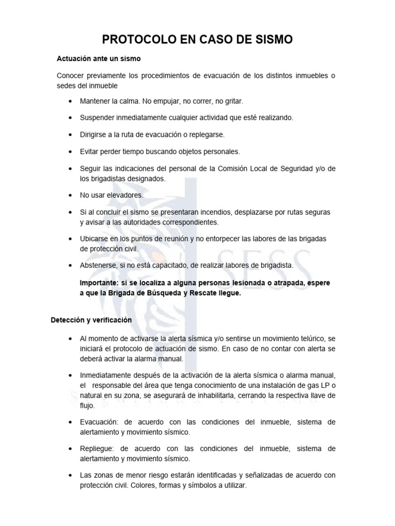 Protocolo en Caso de Sismo | PDF | Temblores | Defensa Civil