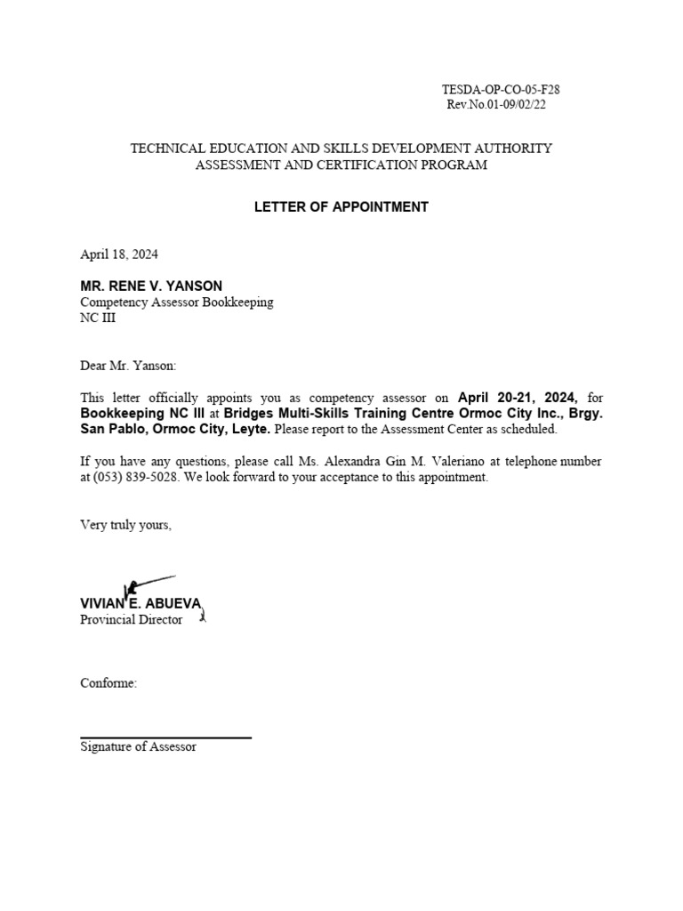 BMSTCI Letter of Appointment and Assignment | PDF | Vocational ...