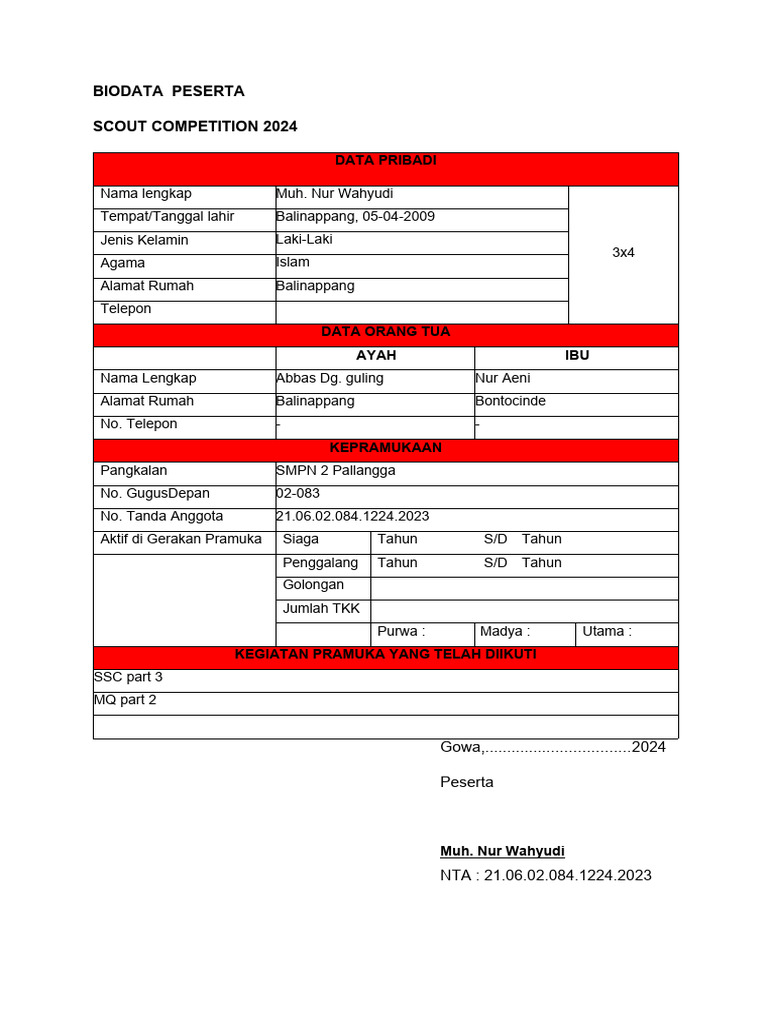 Biodata Peserta Scout 2024 | PDF