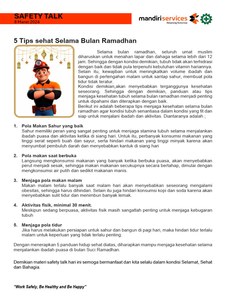 Safety Talk 8 Maret 2024 5 Tips Agar Tetap Fit Bekerja Di Bulan ...