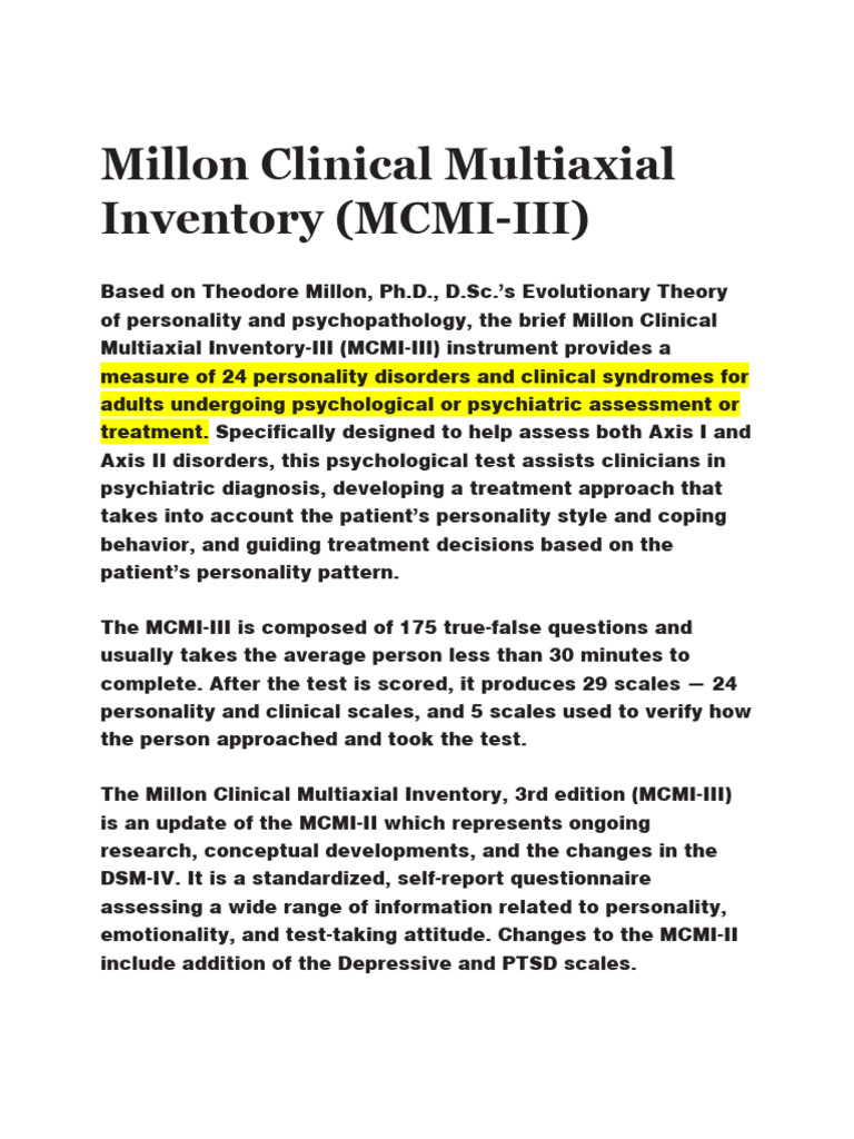 Millon Clinical Multiaxial Inventory Info | PDF | Personality Disorder ...