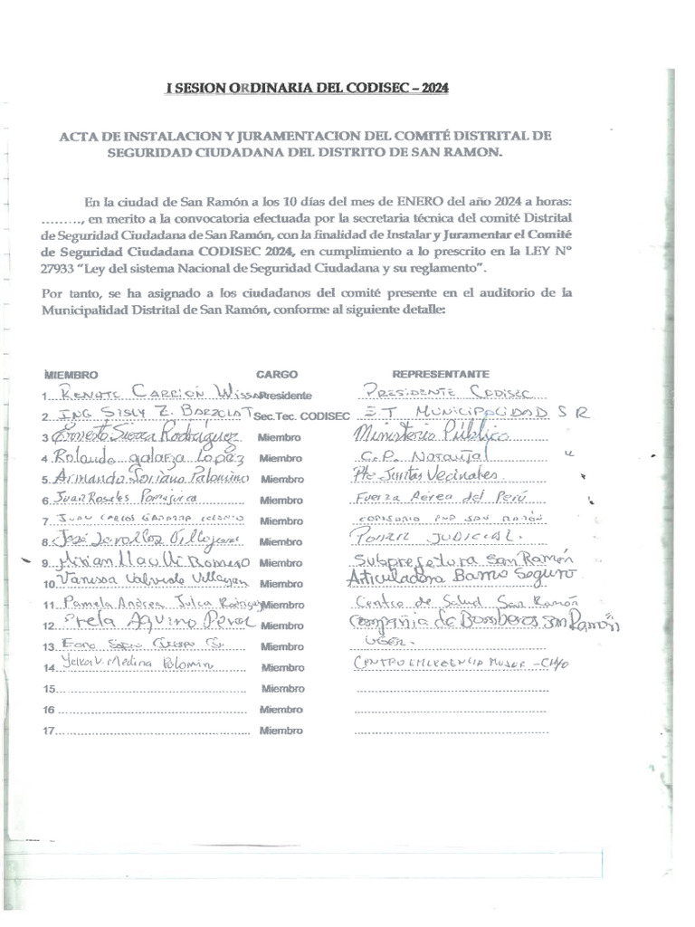 Ireunion de Instalacion y Juramentacion Miembros Del Codisec 2024 | PDF