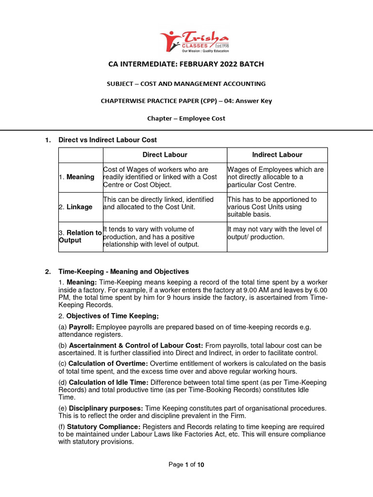 CMA - Labour Answer Key | PDF | Overtime | Employment