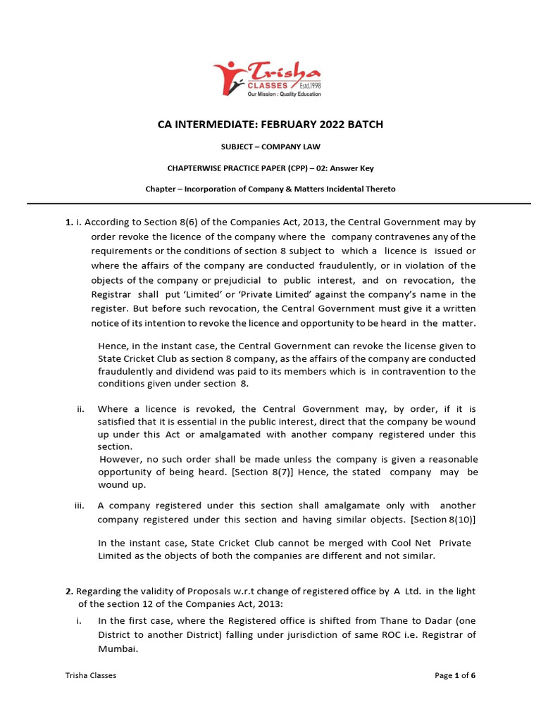 CPP 2 - Incorporation & Matters Answer Key | PDF | License | Knowledge