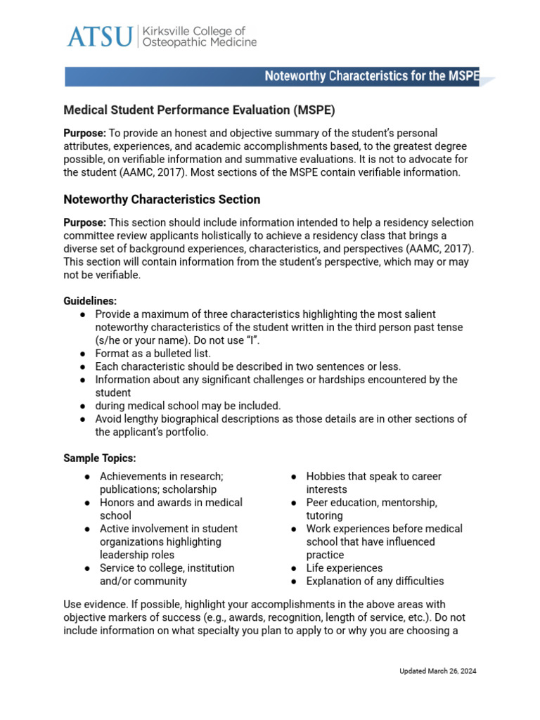 Noteworthy Characteristics For The MSPE | PDF | Evaluation | Medical School
