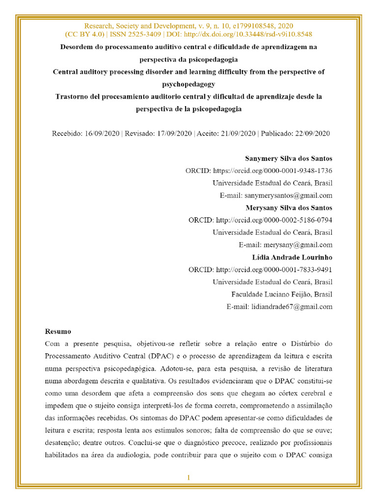 Visão Do Distúrbio Do Processamento Auditivo Central e Da Dificuldade ...