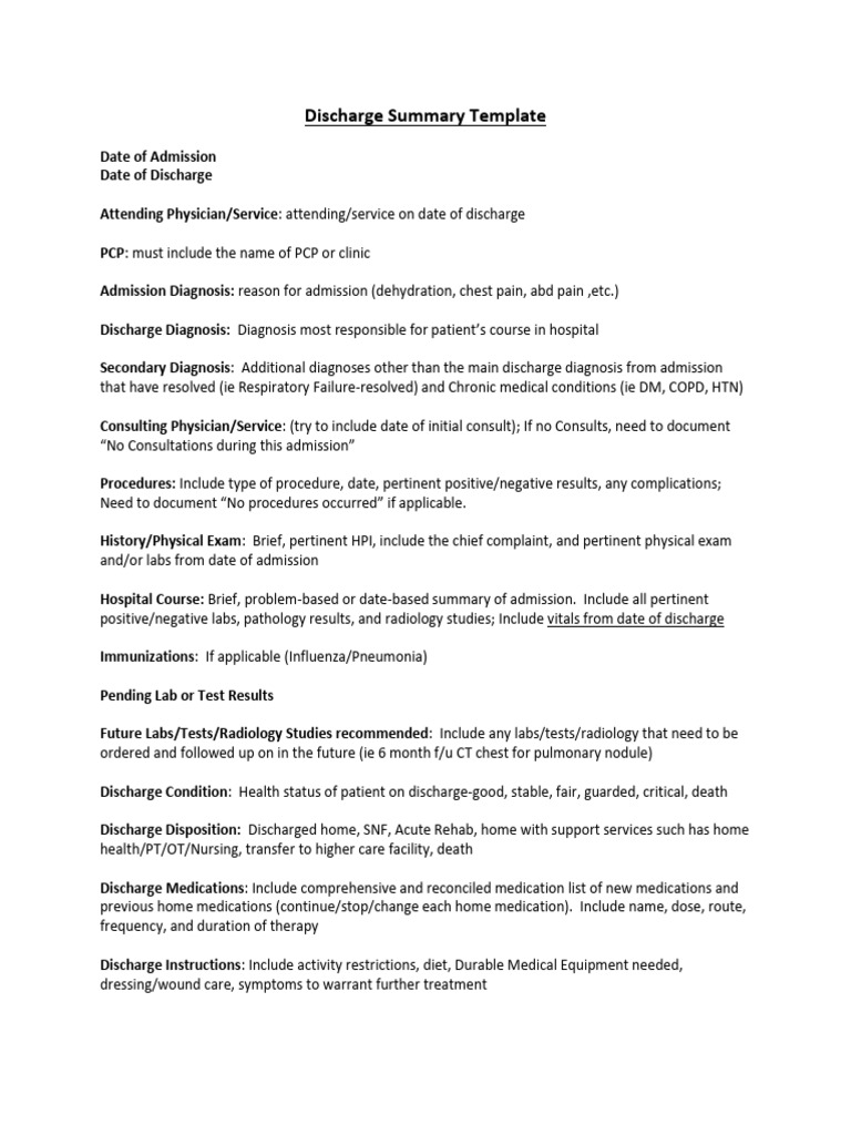Discharge Summary Template | PDF | Medical Diagnosis | Physical Examination
