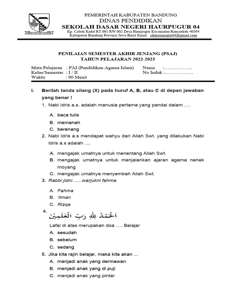 Soal Psaj Pai KLS 1 2022-2023 | PDF