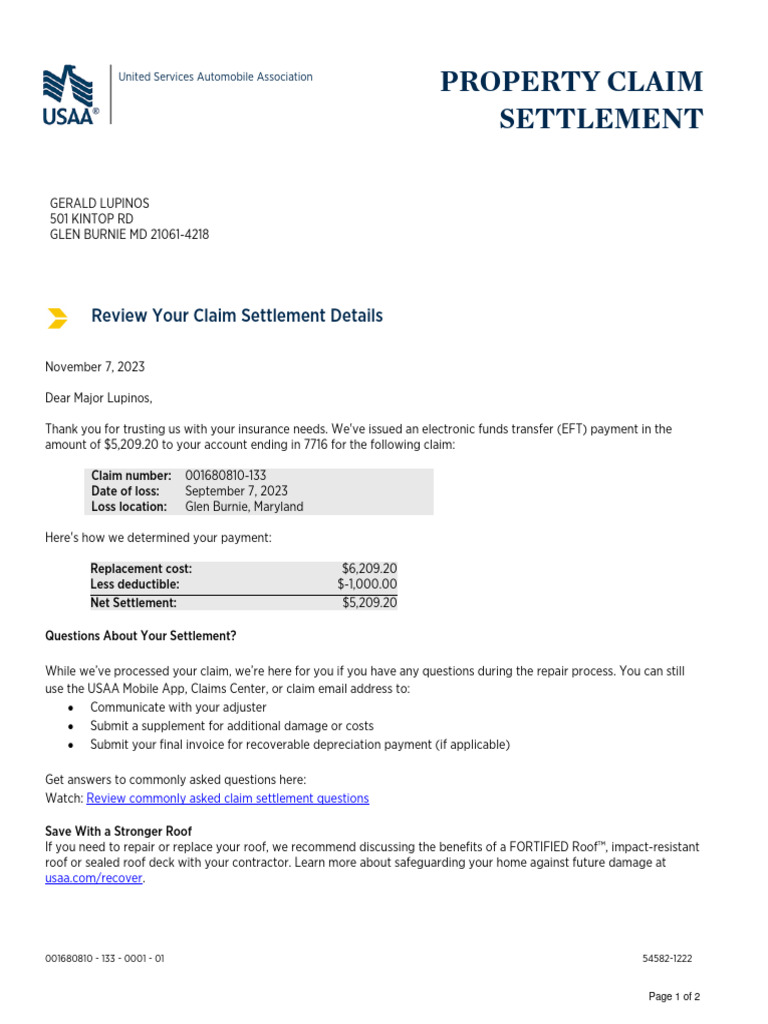 Settlement Letter-I310 | PDF | Insurance | Deductible