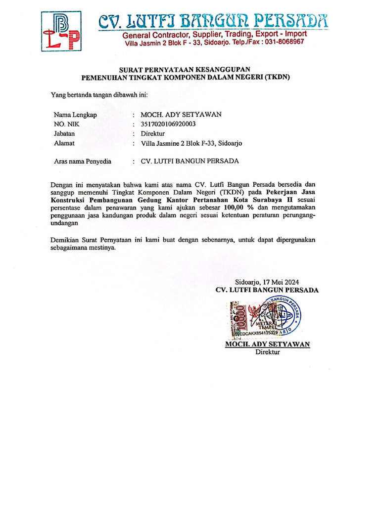 Surat Pernyataan TKDN | PDF