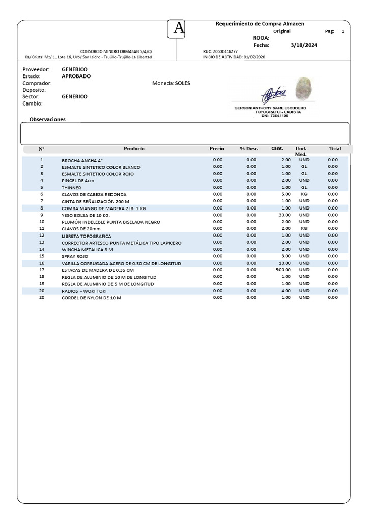 Requerimiento Materiales de Topografia | PDF