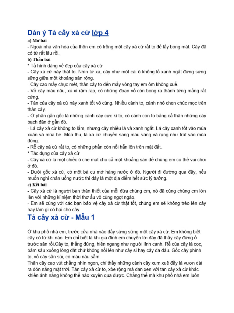 Dàn ý Tả cây xà cừ | PDF