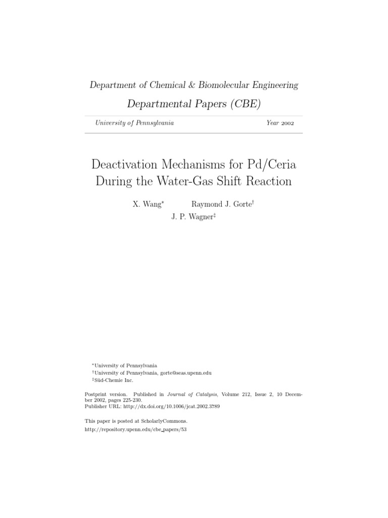 Pd/Ceria Deactivation in WGS Reaction | PDF | Catalysis | Adsorption
