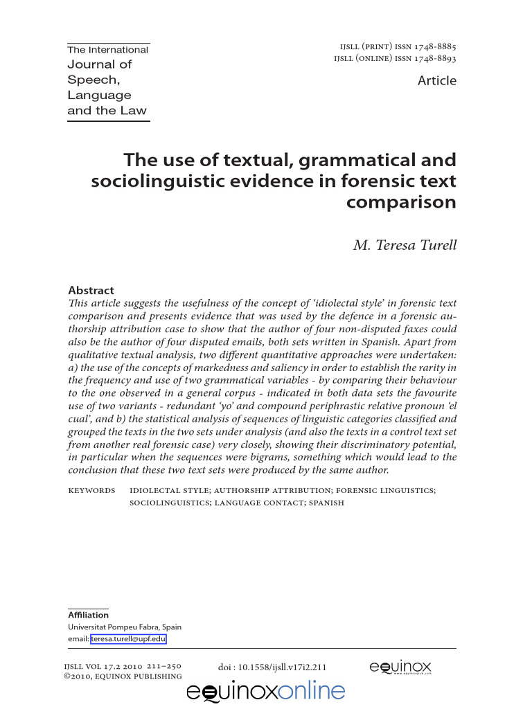 Turell (2010) The Use of Textual, Grammatical and Sociolinguistic Evidence in Forensic Text ...