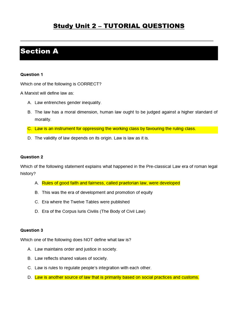 Study Unit 2 - TUTORIAL QUESTIONS - Memo | PDF | Judiciaries | Morality
