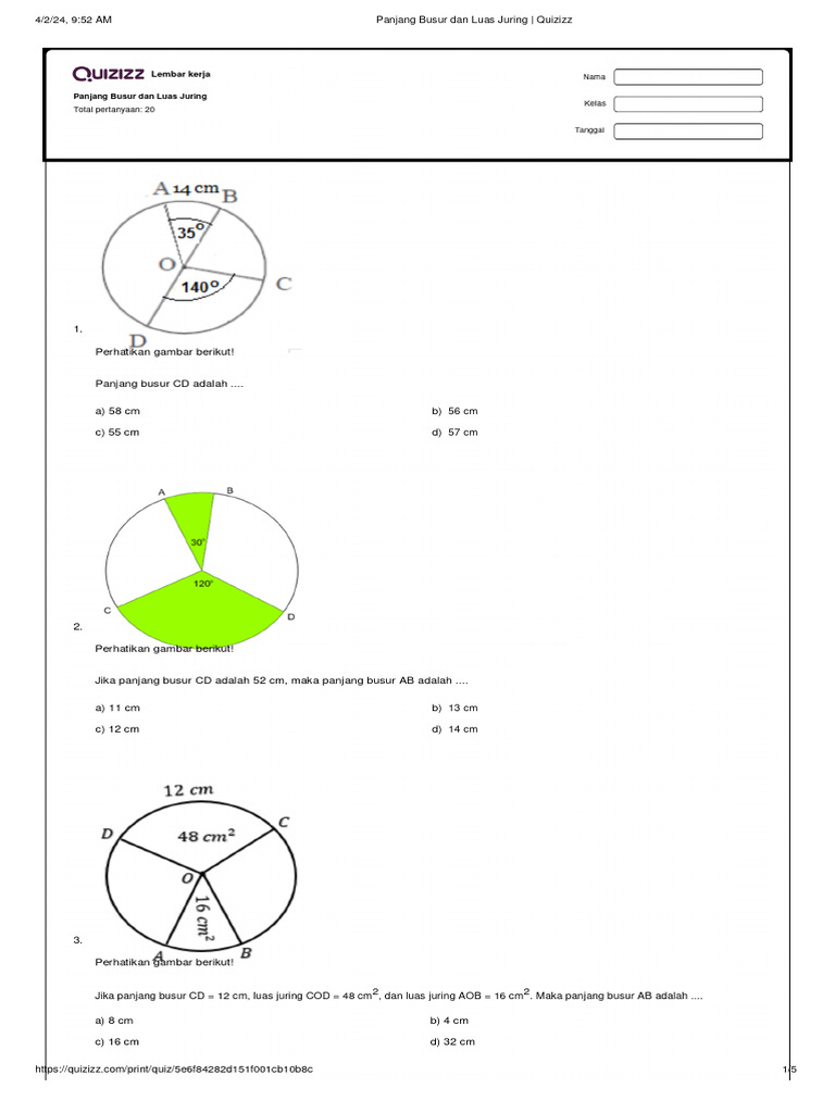 Soal Panjang Busur Dan Luas Juring - Quizizz | PDF | Metode & Bahan Ajar