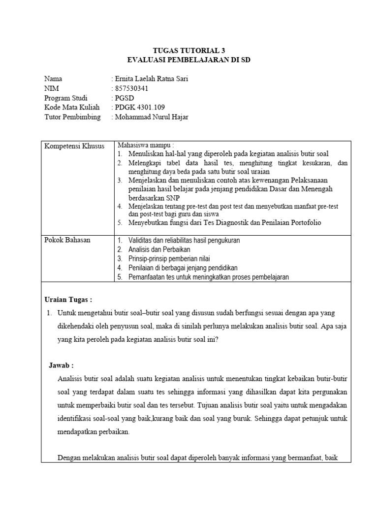 Tugas Tutorial 3 Evaluasi Pembelajaran Di SD | PDF