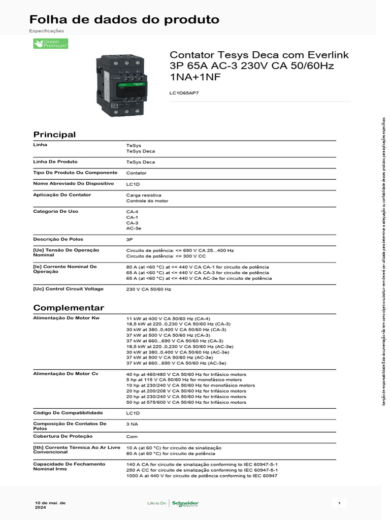 Schneider Electric - Contatores-TeSys-Deca - LC1D65AP7 | PDF ...
