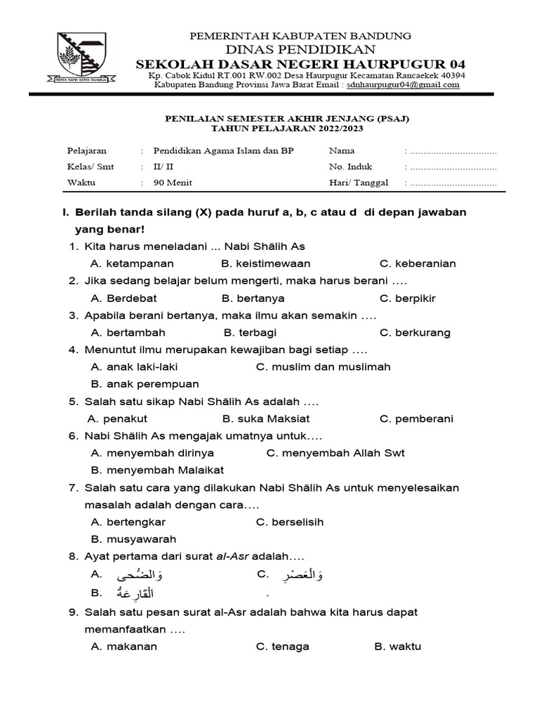 Soal Psaj Pai Kls 2 2022-2023 | PDF