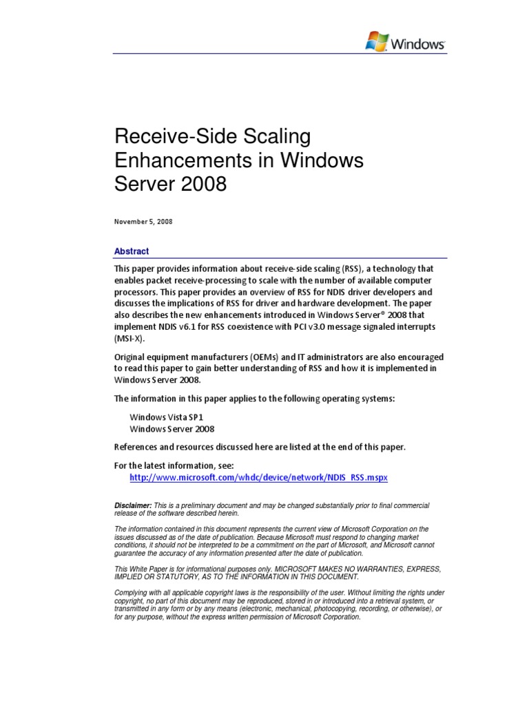 Receive Side Scaling Enhancements In Windows Server 2008 Rss Server2008 Pdf Network 