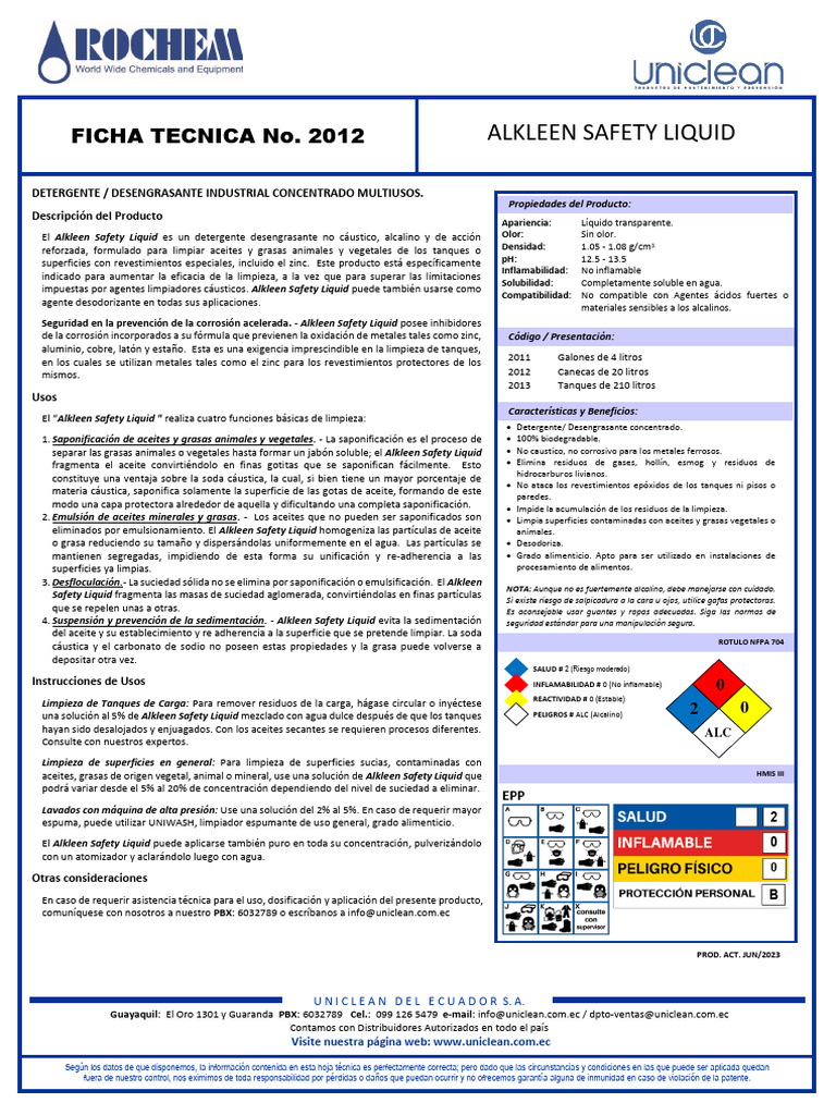 Ficha Técnica Alkleen Safety Liquid 2023 | PDF | Corrosión | Detergente