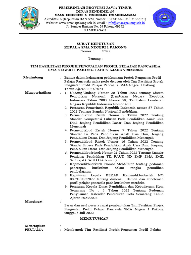 SK Tim Fasilitasi Projek Profil Pelajar Pancasila (P5) | PDF