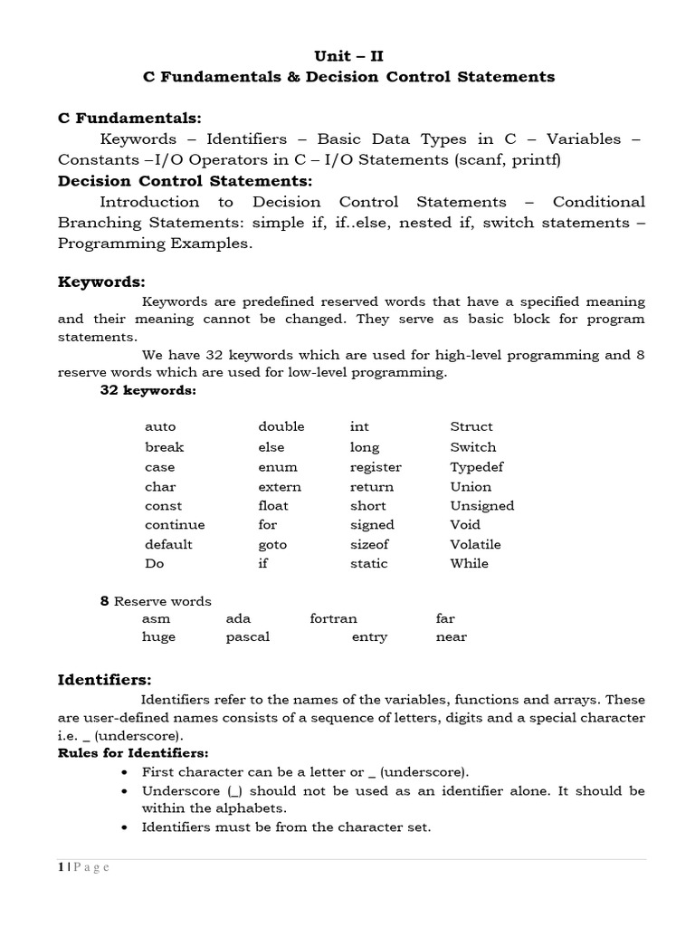 Unit - II C Fundamentals & Decision Control Statements C Fundamentals | PDF | Data Type ...