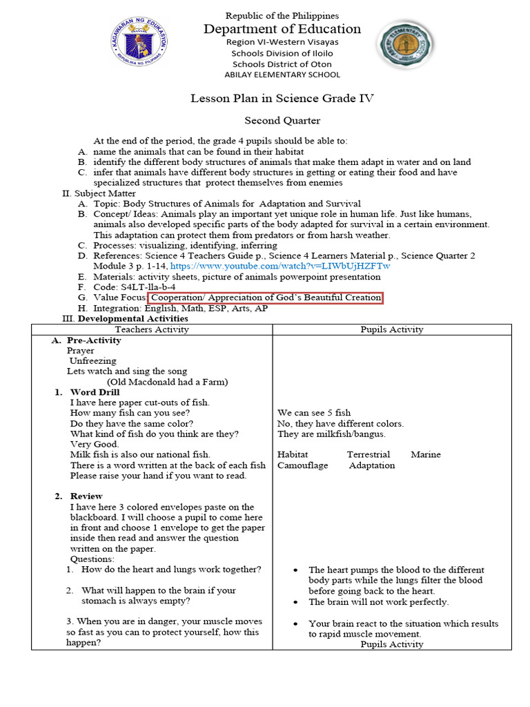 2nd COT Lesson Plan in Science Grade 4 April Copy Recent | PDF ...
