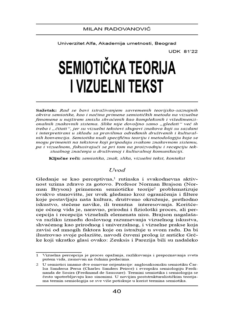 Milan Radovanovic - Semioticka Teorija I Vizuelni Tekst | PDF