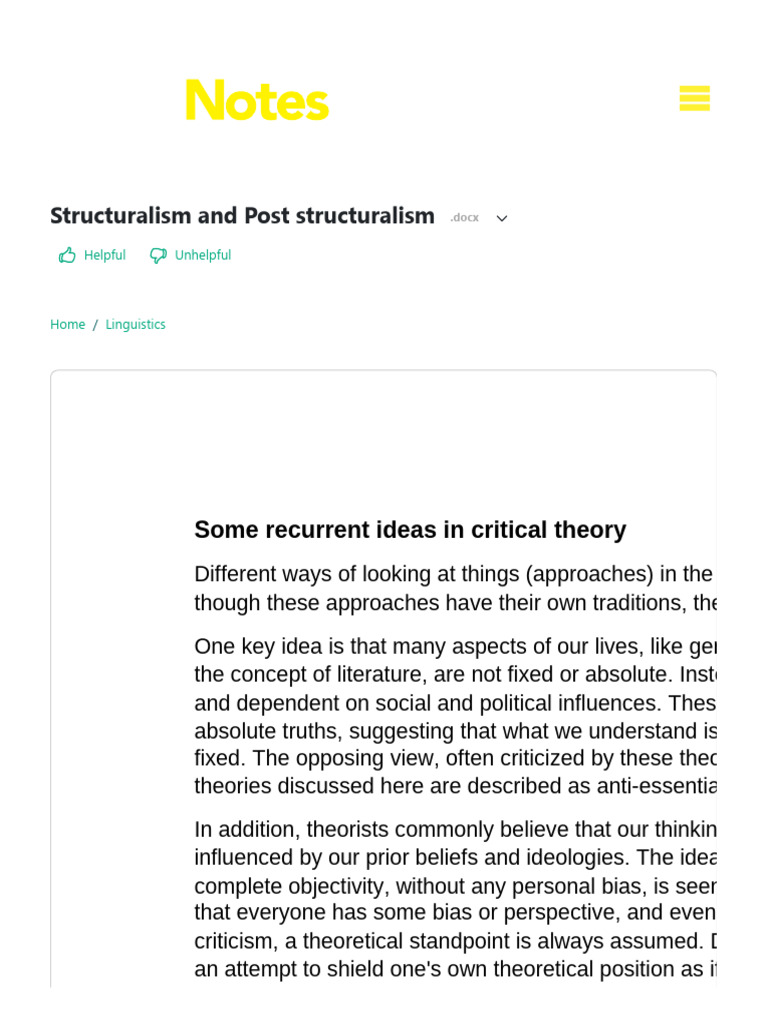 Structuralism and Post Structuralism (Docx) - CliffsNotes | PDF ...