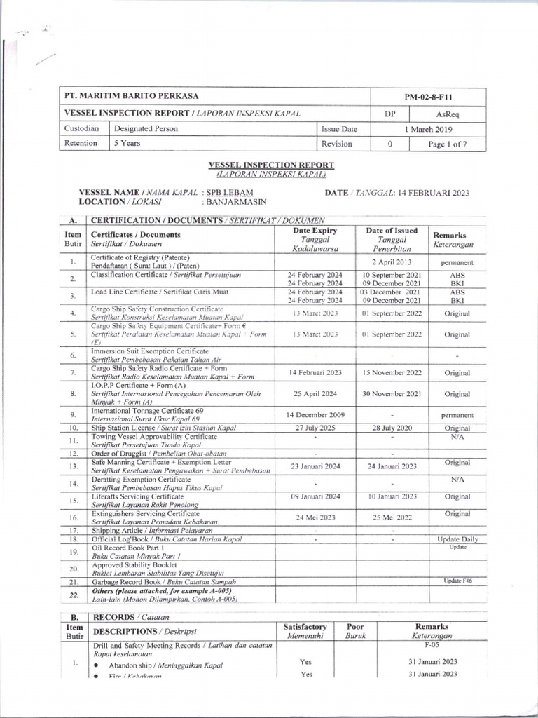 Vessel Inspection Report LEBAM | PDF