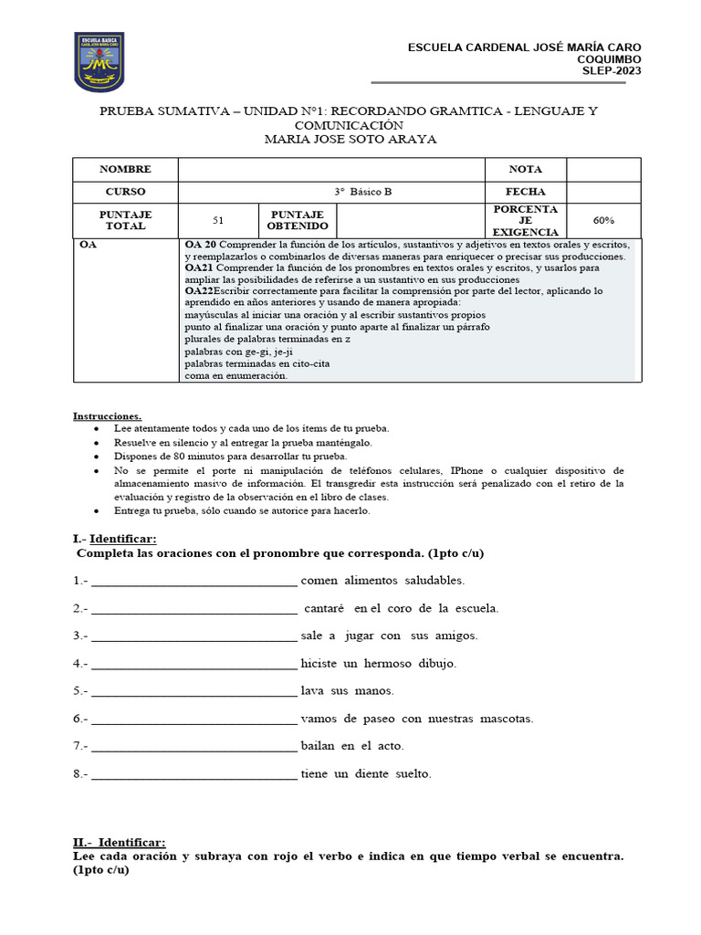 Prueba de Gramática 3° Básico B | PDF | Lingüística | Sintaxis