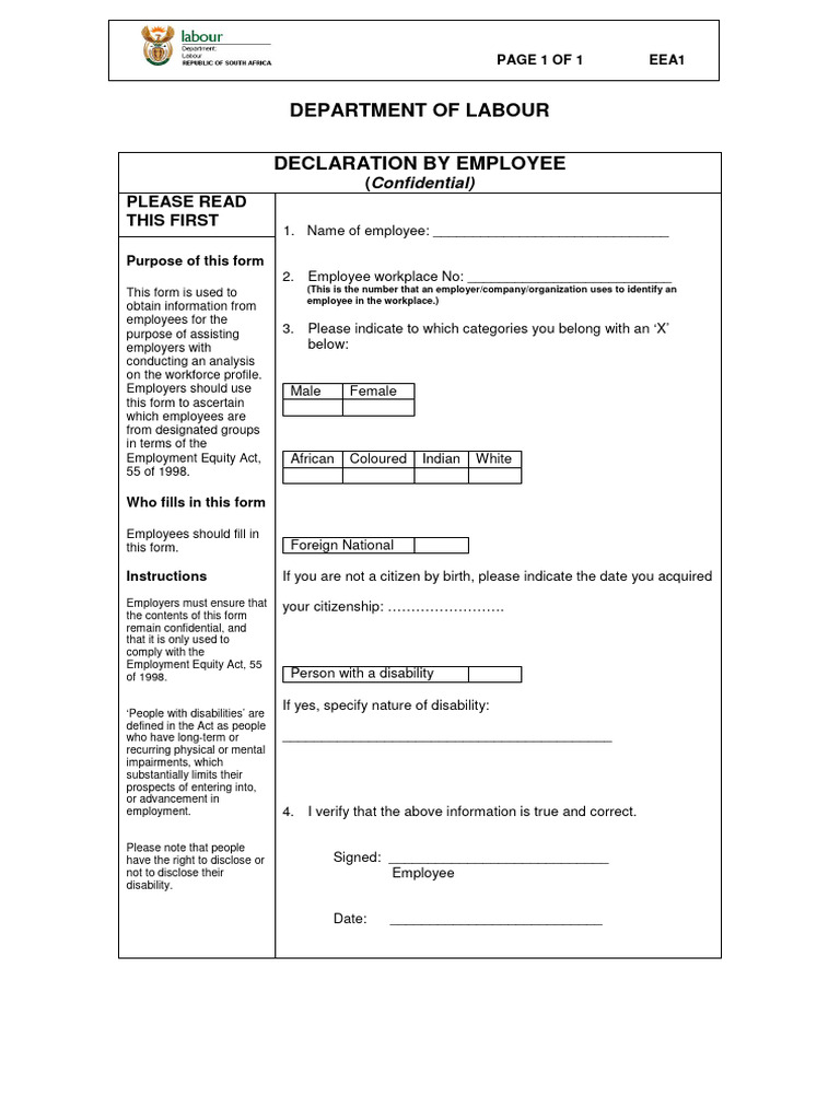 Eea1 Department Of Labour Form Pdf
