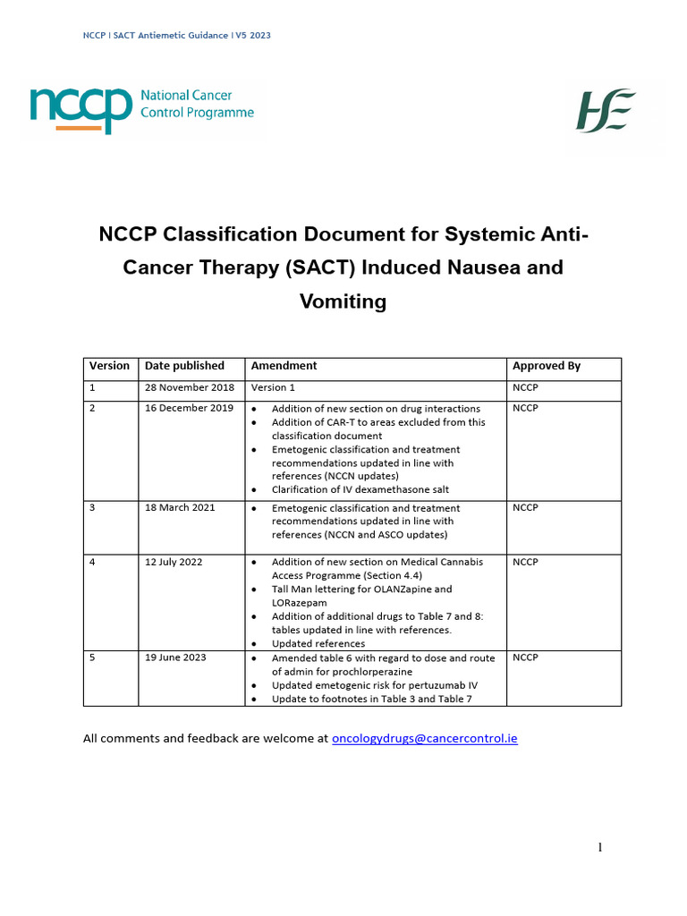 NCCP Antiemetic Guidance for SACT | PDF | Nausea | Vomiting