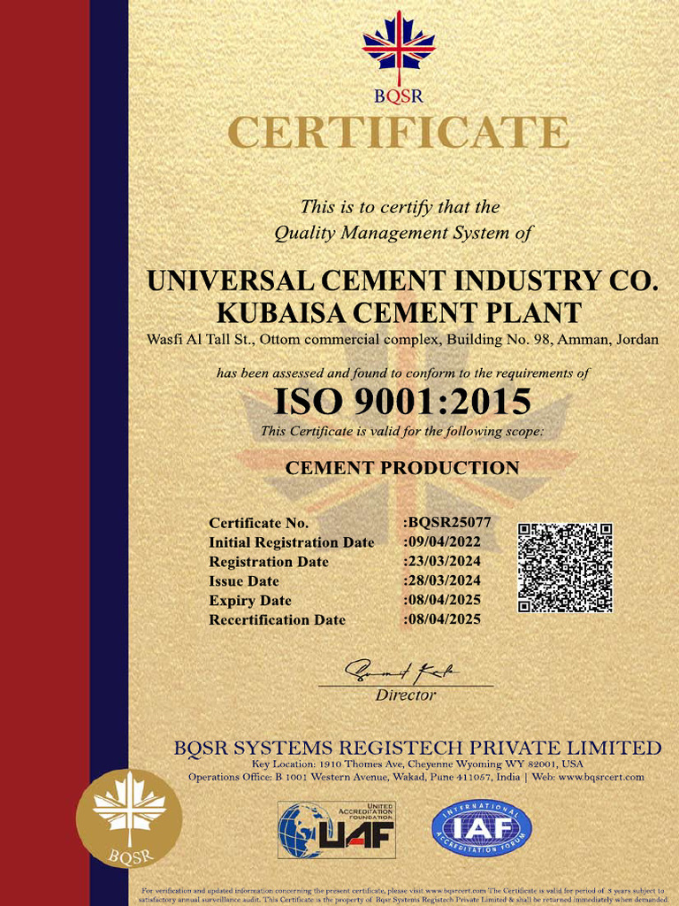 Universal Cement ISO 9001:2015 Certification | PDF
