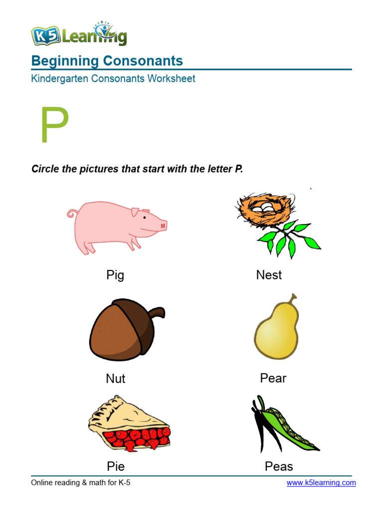 Kindergarten Consonant P Worksheet | PDF