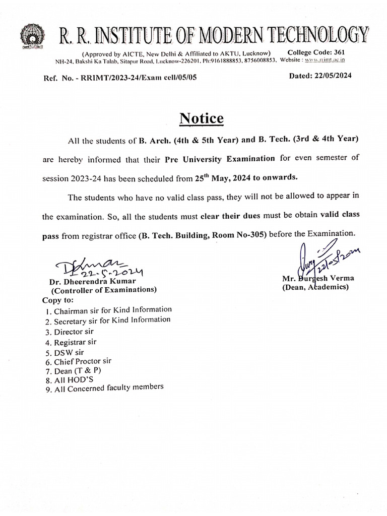 Pre University B. Tech (3rd & 4th Year), Exam Notice and Schedule Even ...